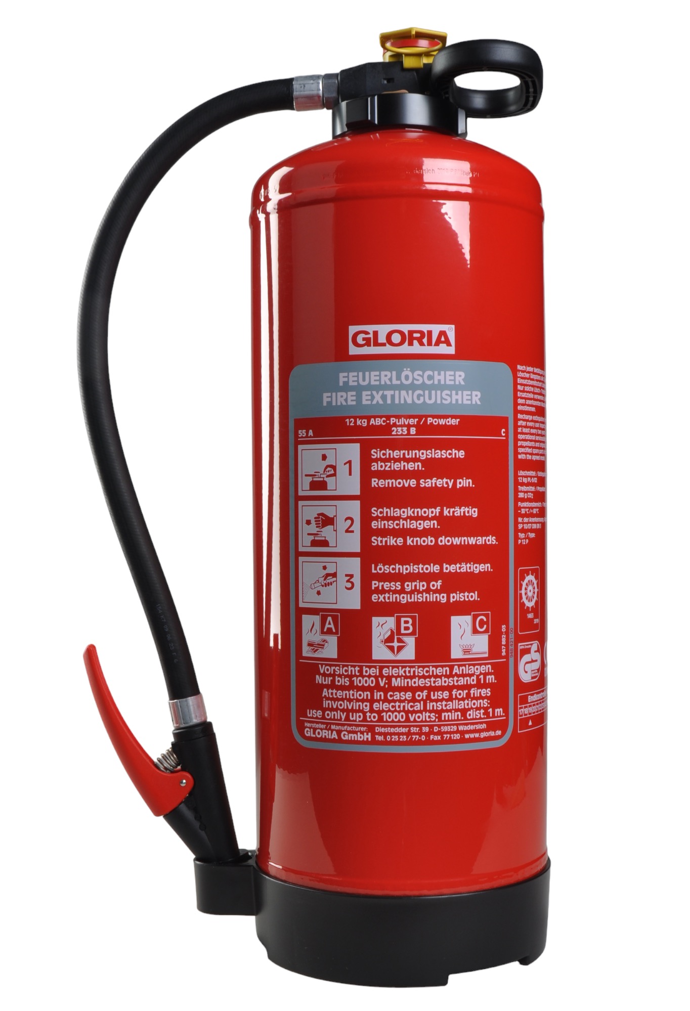 Gloria P12PRO – Auflade-Pulver Feuerlöscher (ABC) mit Wandhalter, einsetzbar an elektrischen ...
